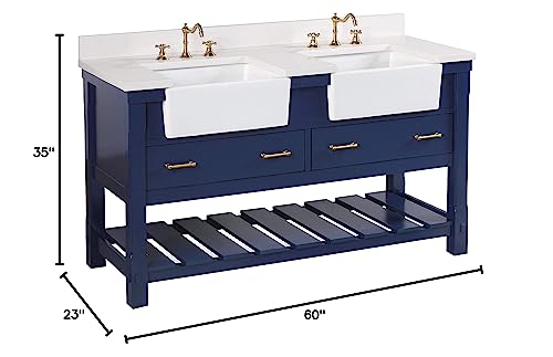 Kitchen Bath Collection Charlotte 60-inch Double Bathroom Vanity (Quartz/Royal Blue): Includes Royal Blue Cabinet with Stunning Quartz Countertop and White Ceramic Farmhouse Apron Sinks