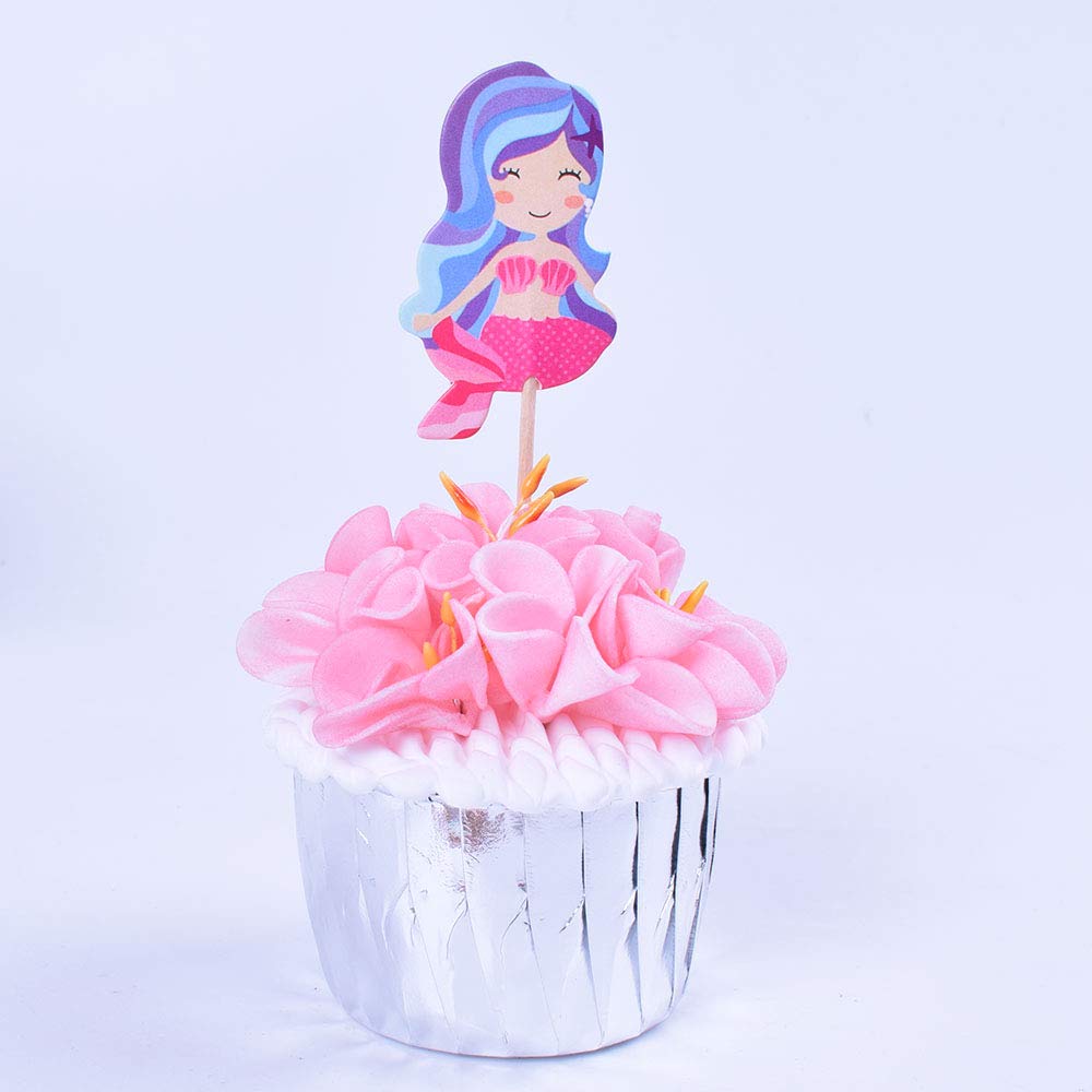 Double sided-Mermaid 24 PCS Handmade Pretty Mermaid Cupcake Toppers Baby Girls Children Kids Toddlers Teens Picnic Birthday Bridal Shower Baby Shower Wedding