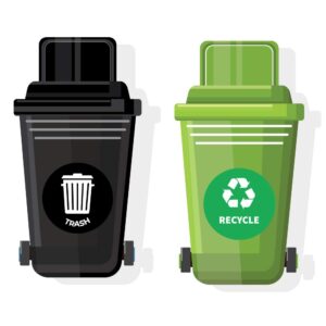 recycle and trash decal/sticker signs (8.5 inches) - waterproof-2pk; removable, durable, air-release, weather-resistant, long lasting vinyl labels for recycling and trash bins, indoor and outdoor use.