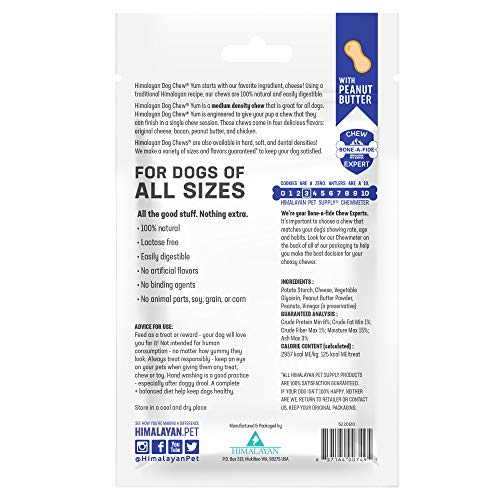 Himalayan Dog Chew Yak Cheese Dog Chews, Lactose Free & Grain Free, USA Made, For All Dog Breeds, Medium Density Cheese Chew, Resealable Pouch with 3 YUM Treats, Peanut Butter Flavor