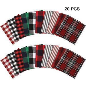 Caydo 20 Pieces Christmas Fabric Squares, 5.9 Inch Christmas Charm Packs 10 Patterns Polyester Cotton Plaid Fabric Squares for Garlands, Christmas Decoration