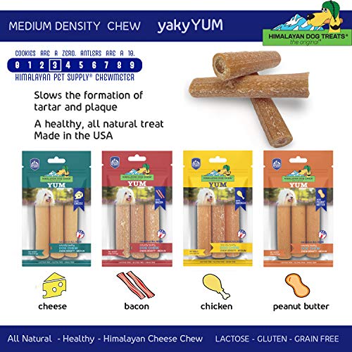 Himalayan Dog Chew Yak Cheese Dog Chews, Lactose Free & Grain Free, USA Made, For All Dog Breeds, Medium Density Cheese Chew, Resealable Pouch with 3 YUM Treats, Peanut Butter Flavor