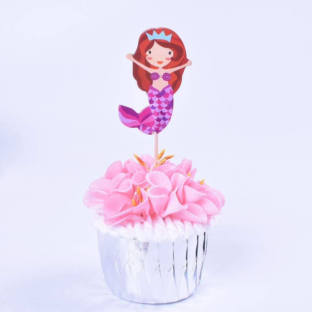 Double sided-Mermaid 24 PCS Handmade Pretty Mermaid Cupcake Toppers Baby Girls Children Kids Toddlers Teens Picnic Birthday Bridal Shower Baby Shower Wedding