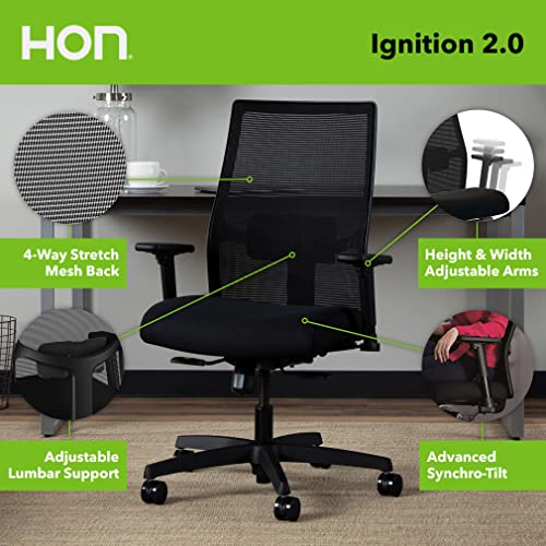 HON Office Desk Chair Ignition 2.0 - Office Chair Ergonomic Desk Chair, Home Office Desk Chairs, Adjustable Lumbar & Armrests, Seat-Slide, Back Support, Cushion, Swivel Wheels, Black