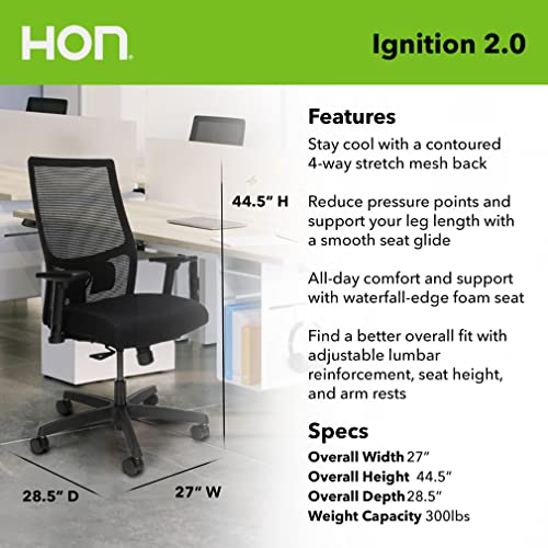 HON Office Desk Chair Ignition 2.0 - Office Chair Ergonomic Desk Chair, Home Office Desk Chairs, Adjustable Lumbar & Armrests, Seat-Slide, Back Support, Cushion, Swivel Wheels, Black