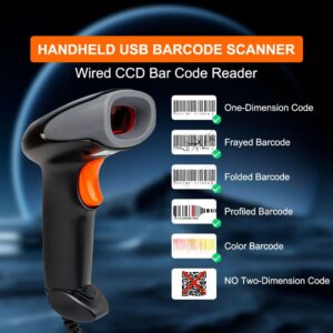 YANZEO Handheld USB Barcode Scanner, Wired CCD Bar Code Reader Plug and Play Fast & Accurate Scanning for for Store, Warehouse, Supermarket