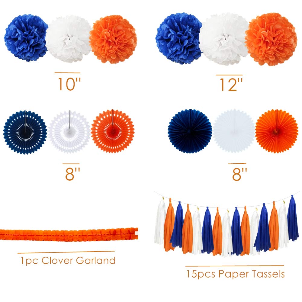 28PCS Navy Blue Orange White Birthday Bridal Baby Shower Wedding Bachelorette Decoration Supply Kit - 12" 10" Tissue Paper Pom Pom, Paper Fan, Tassel Garland, Clover Garland …