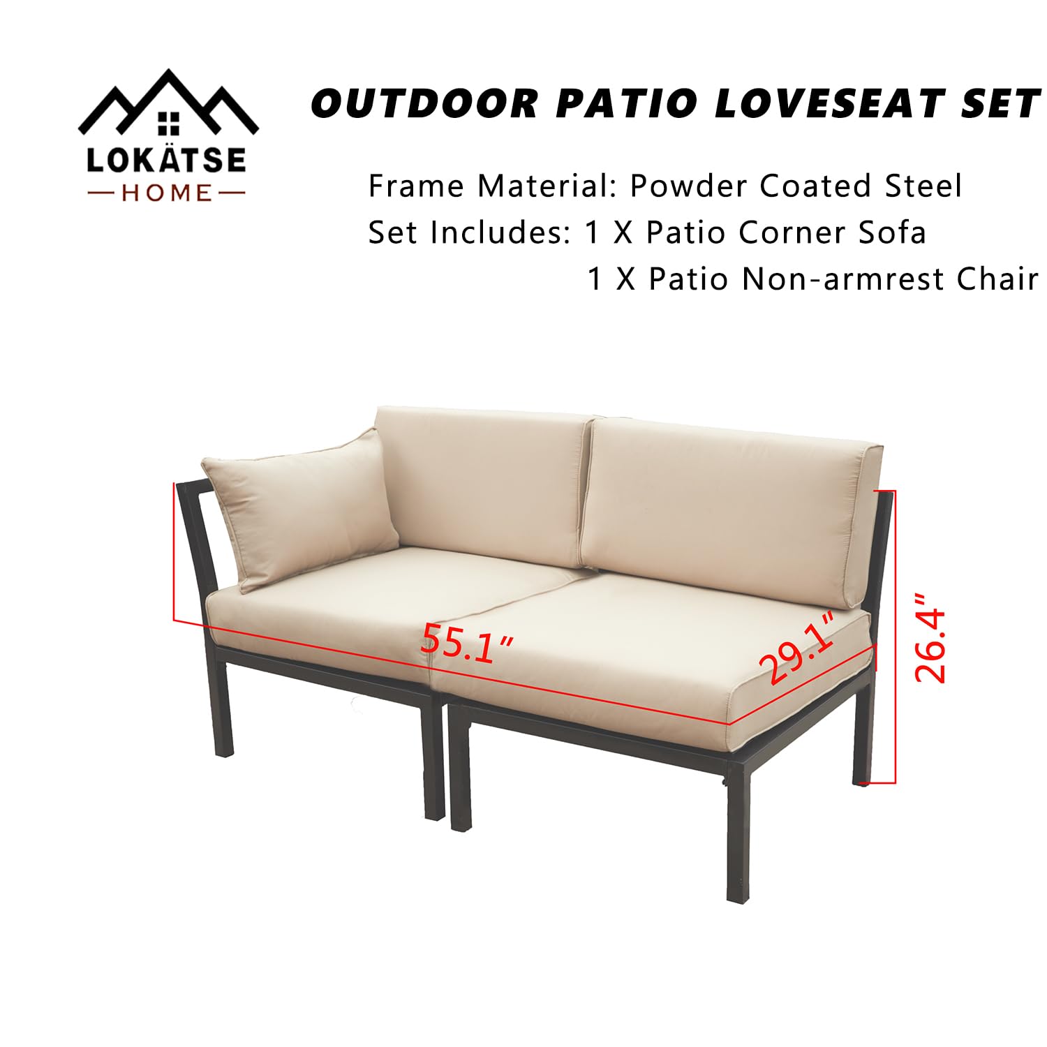 LOKATSE HOME 2 Piece Corner & Armless Sofa Outdoor Furniture Sectional Couch Set Patio Loveseat