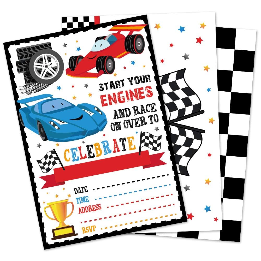 WERNNSAI 20 Count Racing Car Party Invitation with Envelopes - Race Car Party Supplies for Boys Birthday Baby Shower Graduation Fill-in Style Racing Invite Cards