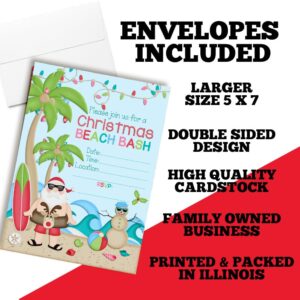 Christmas Invitations with Envelopes – Christmas Beach Bash Holiday Party, 20 Pack 5x7 Double Sided Fill-In Invite Cards with Twenty White Envelopes Perfect for Christmas Birthday Parties