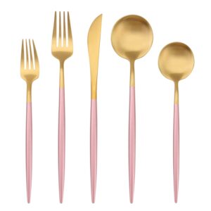 matte gold silverware set with pink handle, bysta 5-piece stainless steel flatware set, kitchen utensil set service for 1, tableware cutlery set for home and restaurant, satin finish, dishwasher safe