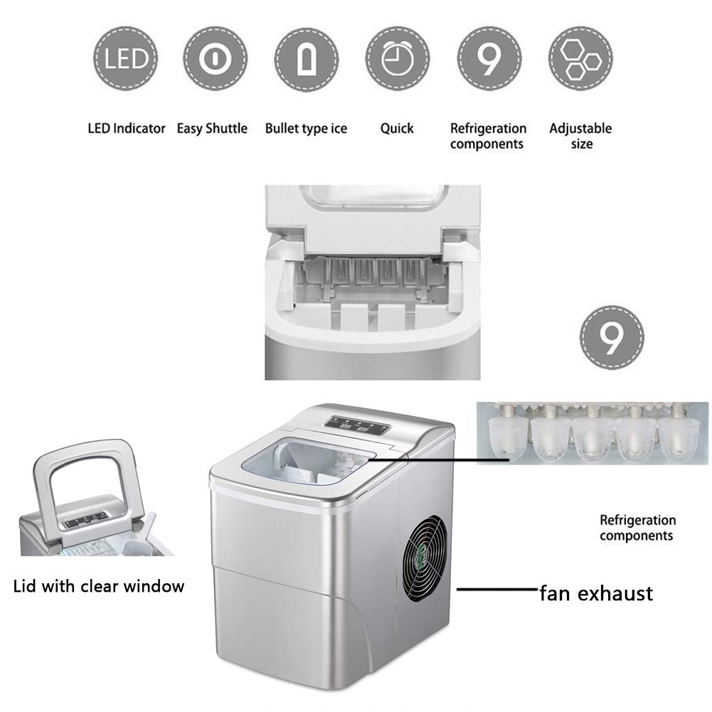 SMETA Bullet Pebble Ice Maker Machine Countertop, Chewable Nugget Ice Chip Maker Crushed Ice Machine Soft Chewy Ice Cubes Quick in 6-10mins, 26lbs/24H with Ice Scoop for Gift, Stainless Steel Silver