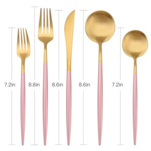 Matte Gold Silverware Set with pink handle, Bysta 5-Piece Stainless Steel Flatware Set, Kitchen Utensil Set Service for 1, Tableware Cutlery Set for Home and Restaurant, Satin Finish, Dishwasher Safe