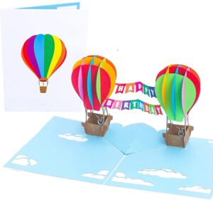 poplife happy birthday hot air balloons 3d pop up birthday card - bday card for coworker, for kids party - colorful surprise, small gift - folds flat for mailing - for mom, for dad, for a friend