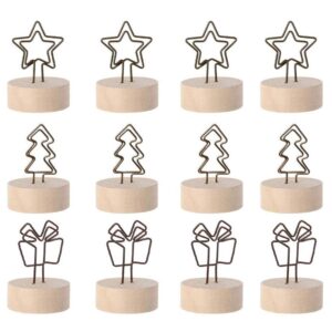 ybb 12 pcs christmas wooden base place card holder, xmas tree star gift shaped picture memo note photo clip number holder table card for christmas party wedding home bar decoration