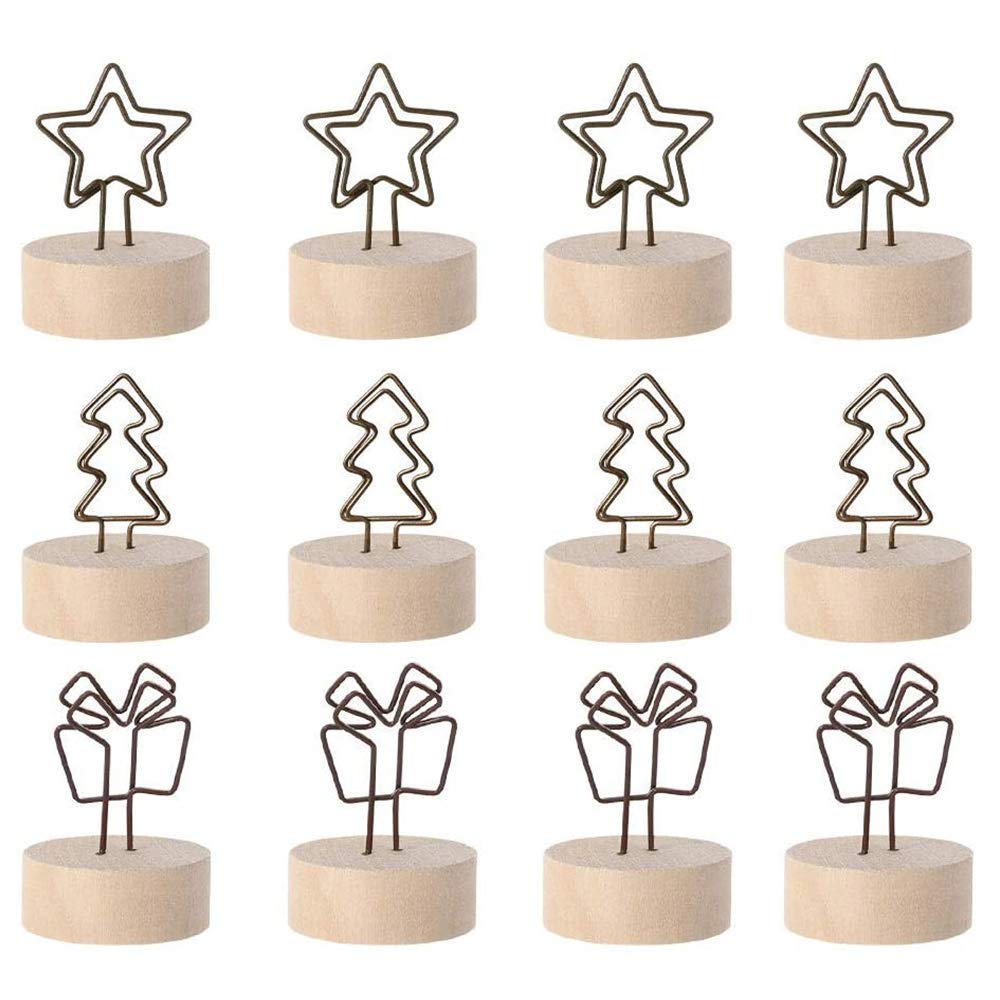 YBB 12 Pcs Christmas Wooden Base Place Card Holder, Xmas Tree Star Gift Shaped Picture Memo Note Photo Clip Number Holder Table Card for Christmas Party Wedding Home Bar Decoration