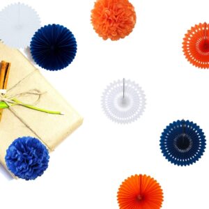 28PCS Navy Blue Orange White Birthday Bridal Baby Shower Wedding Bachelorette Decoration Supply Kit - 12" 10" Tissue Paper Pom Pom, Paper Fan, Tassel Garland, Clover Garland …