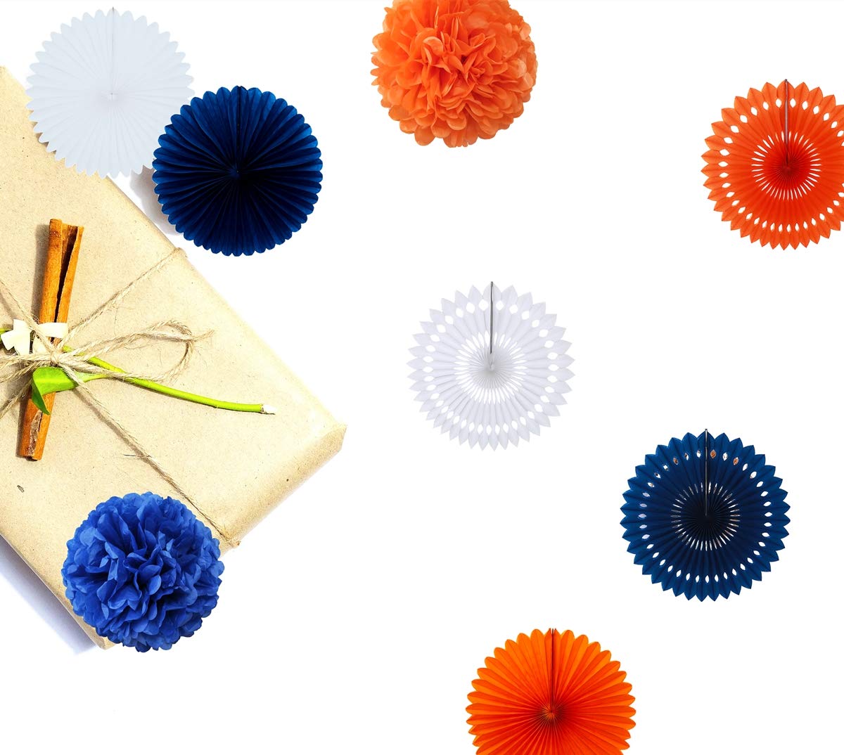 28PCS Navy Blue Orange White Birthday Bridal Baby Shower Wedding Bachelorette Decoration Supply Kit - 12" 10" Tissue Paper Pom Pom, Paper Fan, Tassel Garland, Clover Garland …