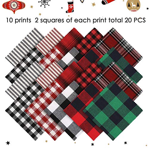 Caydo 20 Pieces Christmas Fabric Squares, 5.9 Inch Christmas Charm Packs 10 Patterns Polyester Cotton Plaid Fabric Squares for Garlands, Christmas Decoration