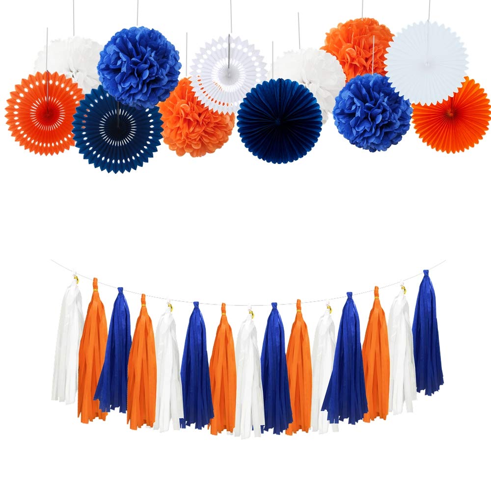 28PCS Navy Blue Orange White Birthday Bridal Baby Shower Wedding Bachelorette Decoration Supply Kit - 12" 10" Tissue Paper Pom Pom, Paper Fan, Tassel Garland, Clover Garland …