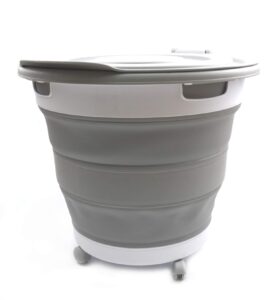 sammart 66l(17.4 gallon) collapsible plastic garbage bin with wheels & removable lid-foldable pop up container-portable washing tub-space saving basket,water capacity 56l(14.8 gallon) (1, grey)