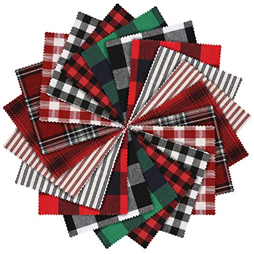 Caydo 20 Pieces Christmas Fabric Squares, 5.9 Inch Christmas Charm Packs 10 Patterns Polyester Cotton Plaid Fabric Squares for Garlands, Christmas Decoration