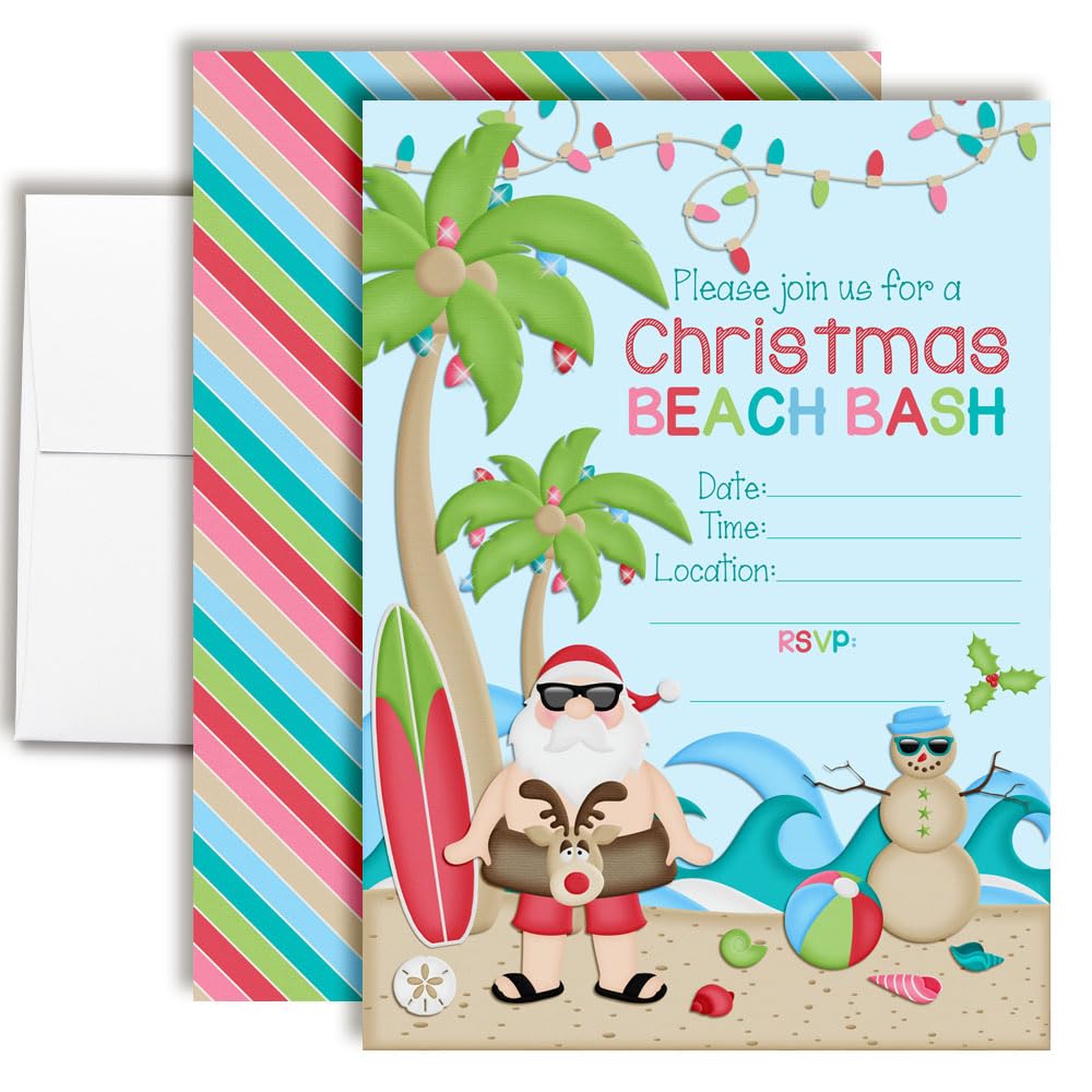 Christmas Invitations with Envelopes – Christmas Beach Bash Holiday Party, 20 Pack 5x7 Double Sided Fill-In Invite Cards with Twenty White Envelopes Perfect for Christmas Birthday Parties