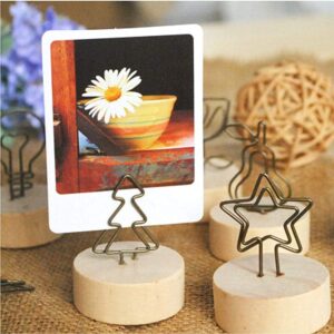 YBB 12 Pcs Christmas Wooden Base Place Card Holder, Xmas Tree Star Gift Shaped Picture Memo Note Photo Clip Number Holder Table Card for Christmas Party Wedding Home Bar Decoration