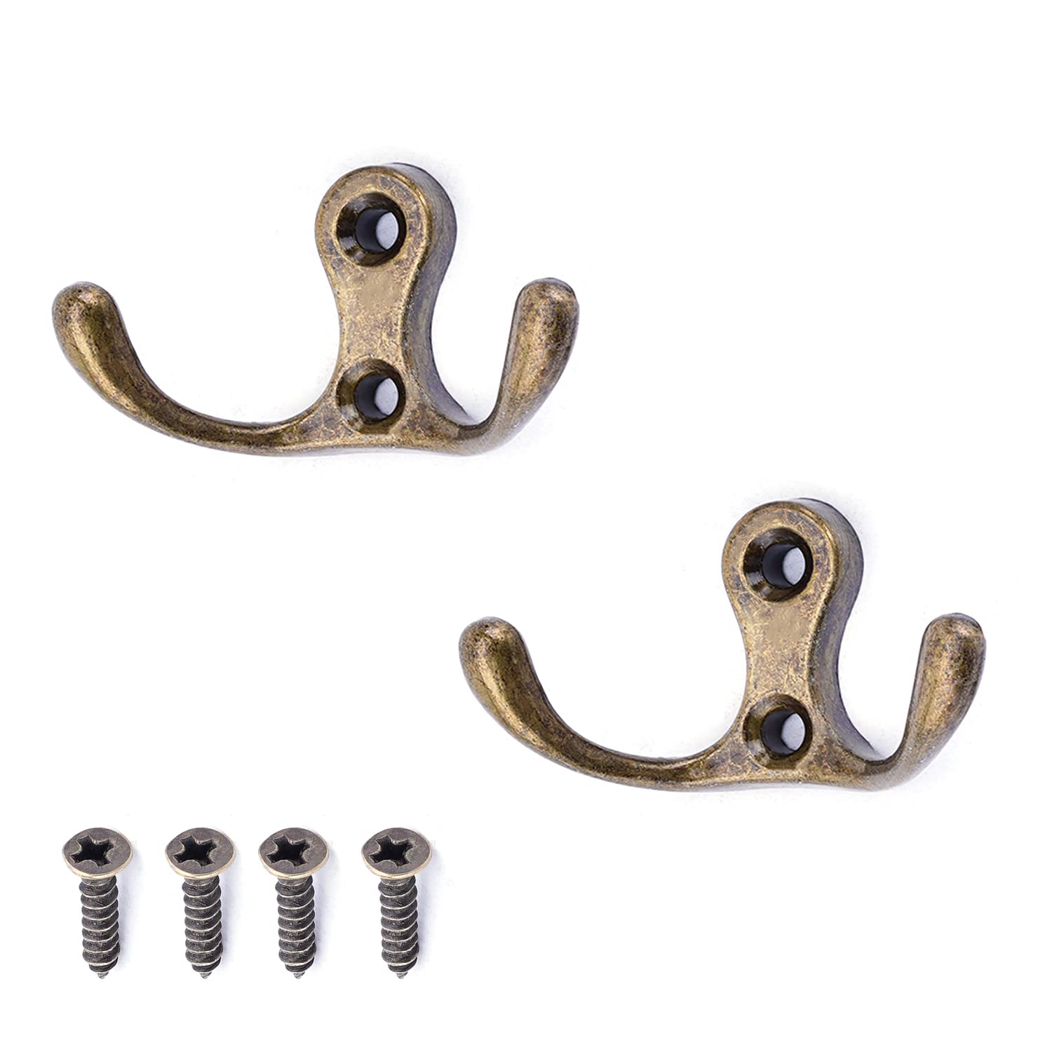 MroMax Dual Prong Coat Hooks Wall Mounted Retro Double Hooks Utility Hook for Coat Scarf Bag Towel Key Cap Cup Hat 1.18" x 2.17" x 1.18"(L x W x H) Bronze Tone 2pcs