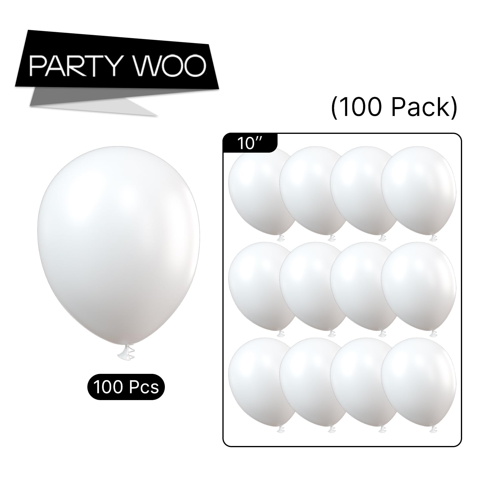 PartyWoo White Balloons, 100 pcs 10 Inch Matte White Balloons, White Balloons for Balloon Garland or Balloon Arch as Party Decorations, Wedding Decorations, Neutral Baby Shower Decorations, White-Y13