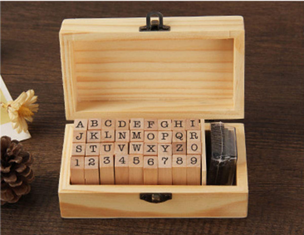 Pack of 36 Pcs Small Wooden Rubber Stamps 0.2 Inch of Letter and Number for DIY Craft Card and Photo Album (B)