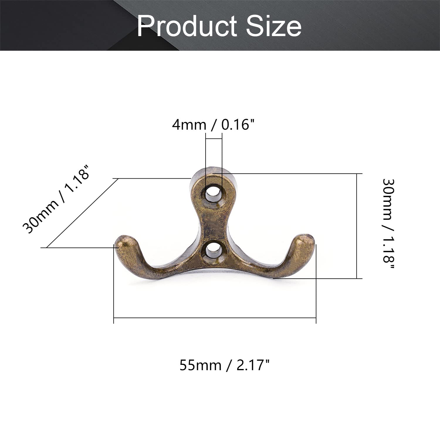 MroMax Dual Prong Coat Hooks Wall Mounted Retro Double Hooks Utility Hook for Coat Scarf Bag Towel Key Cap Cup Hat 1.18" x 2.17" x 1.18"(L x W x H) Bronze Tone 2pcs