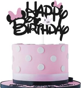 black glitter minnie inspired happy birthday cake topper with pink bows and white gloves girls birthday party decorations supplies