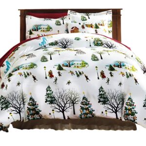 Bits and Pieces - Christmas Village King Duvet Bedding Set - Soft Microfiber Reversible Comforter Cover, Christmas Printed Pattern, Easy-Care with Matching Standard Shams