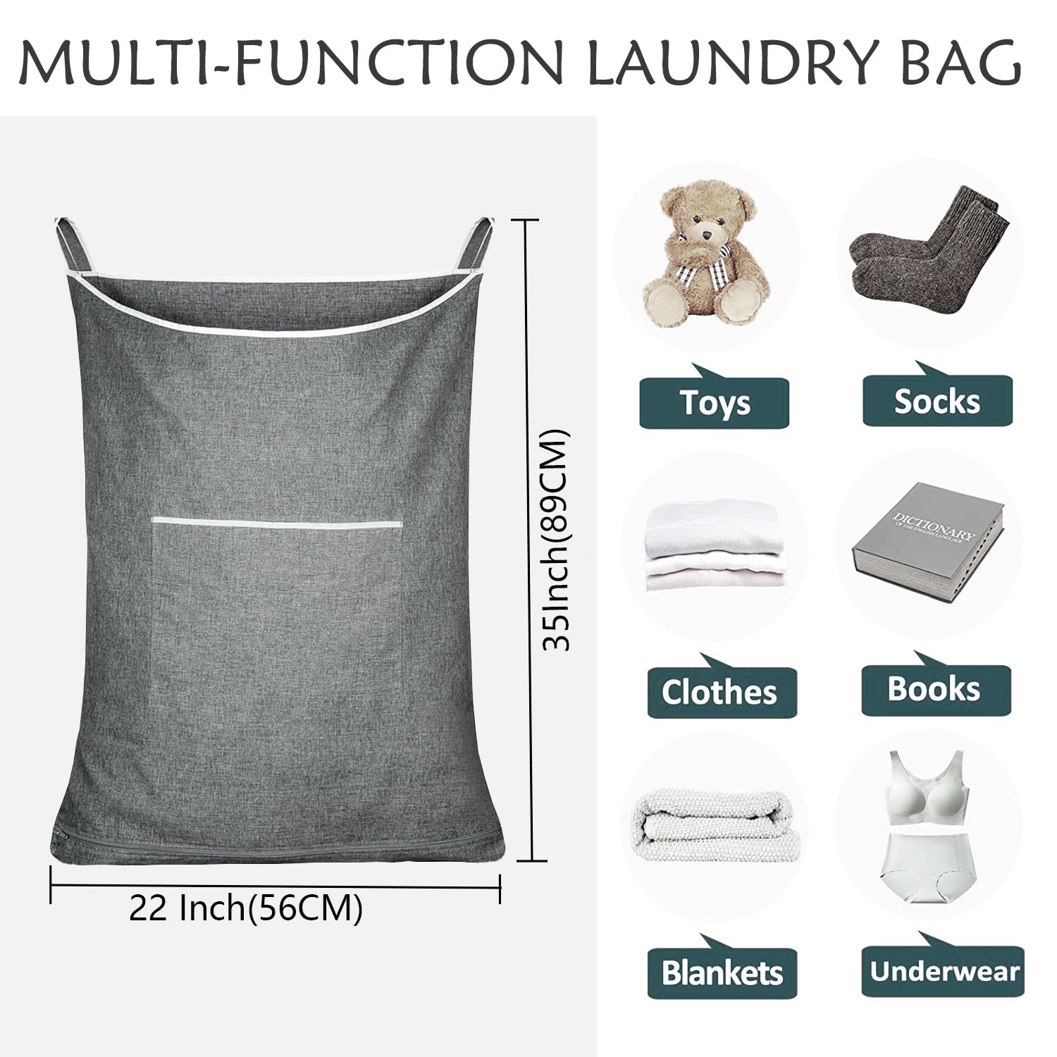 KINGSUSLAY Laundry Hamper, XL Hanging Hamper with Large Openging,Space Saving Storage Bag,Over the Door Hamper with Haning Hooks（36"x 22", Heath Grey)