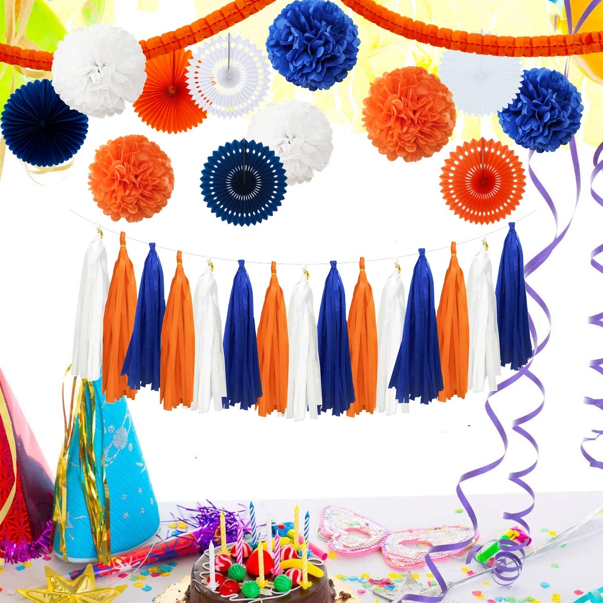 28PCS Navy Blue Orange White Birthday Bridal Baby Shower Wedding Bachelorette Decoration Supply Kit - 12" 10" Tissue Paper Pom Pom, Paper Fan, Tassel Garland, Clover Garland …