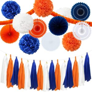 28pcs navy blue orange white birthday bridal baby shower wedding bachelorette decoration supply kit - 12" 10" tissue paper pom pom, paper fan, tassel garland, clover garland …