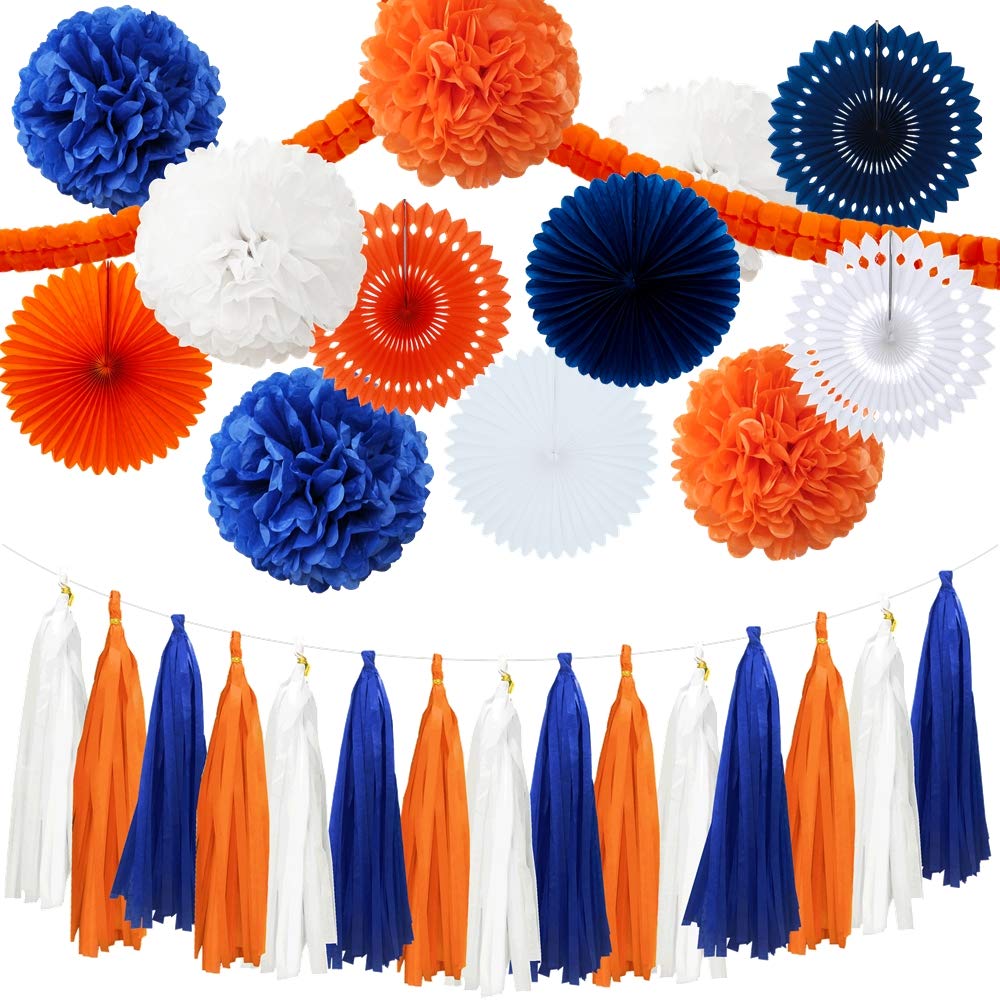 28PCS Navy Blue Orange White Birthday Bridal Baby Shower Wedding Bachelorette Decoration Supply Kit - 12" 10" Tissue Paper Pom Pom, Paper Fan, Tassel Garland, Clover Garland …