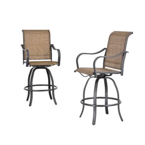 LOKATSE HOME 2 Piece Bar Height Patio Chairs Outdoor Swivel Stools Set Furniture Metal Frame, Khaki Tesling Fabric