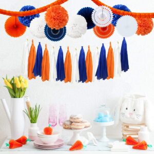 28PCS Navy Blue Orange White Birthday Bridal Baby Shower Wedding Bachelorette Decoration Supply Kit - 12" 10" Tissue Paper Pom Pom, Paper Fan, Tassel Garland, Clover Garland …