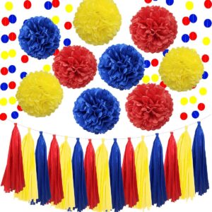 inby carnival 26pcs red blue yellow party decorations kit for birthday wedding bachelorette bridal baby shower party decor - 12" 10" 8" tissue flower paper pom pom, paper tassel, circle dot garland