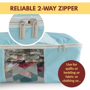 Madam Sew Quilt Blanket Storage Bag| Storage Bag|Comforter Storage Bag for Clothes, Quilts, Bedding|Linen Storage Bag with See-Through Front Panel, Strong Handles & 2-Way Zipper - Turquoise 22"x15"x8"