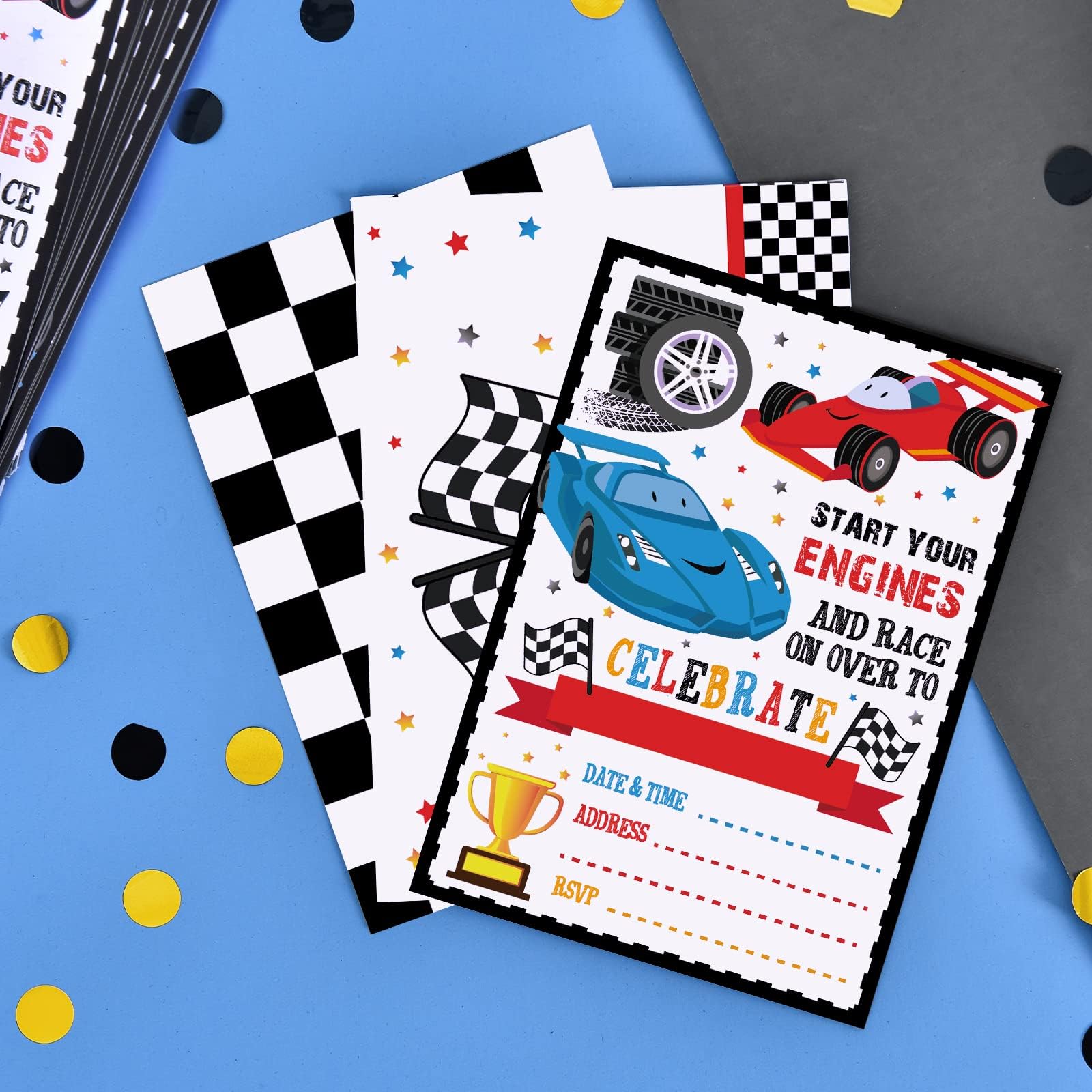 WERNNSAI 20 Count Racing Car Party Invitation with Envelopes - Race Car Party Supplies for Boys Birthday Baby Shower Graduation Fill-in Style Racing Invite Cards