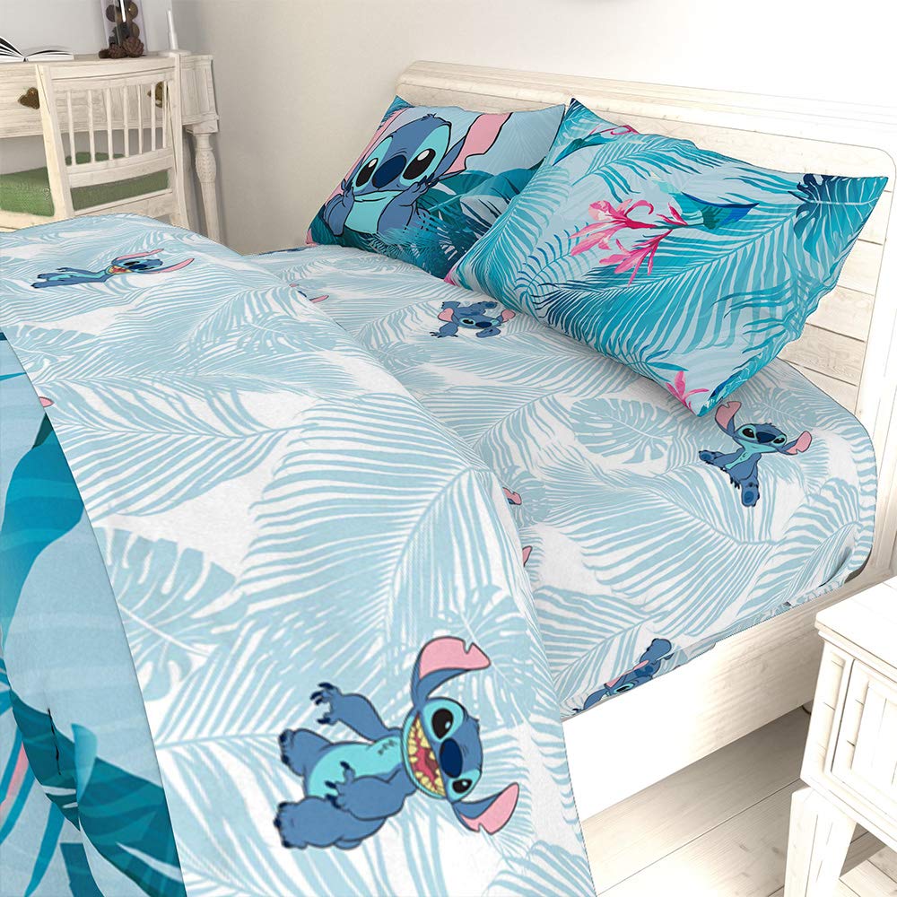 Jay Franco Disney Lilo & Stitch Floral Fun Queen Sheet Set - 4 Piece Set Super Soft and Cozy Kid’s Bedding - Fade Resistant Microfiber Sheets (Official Disney Product)