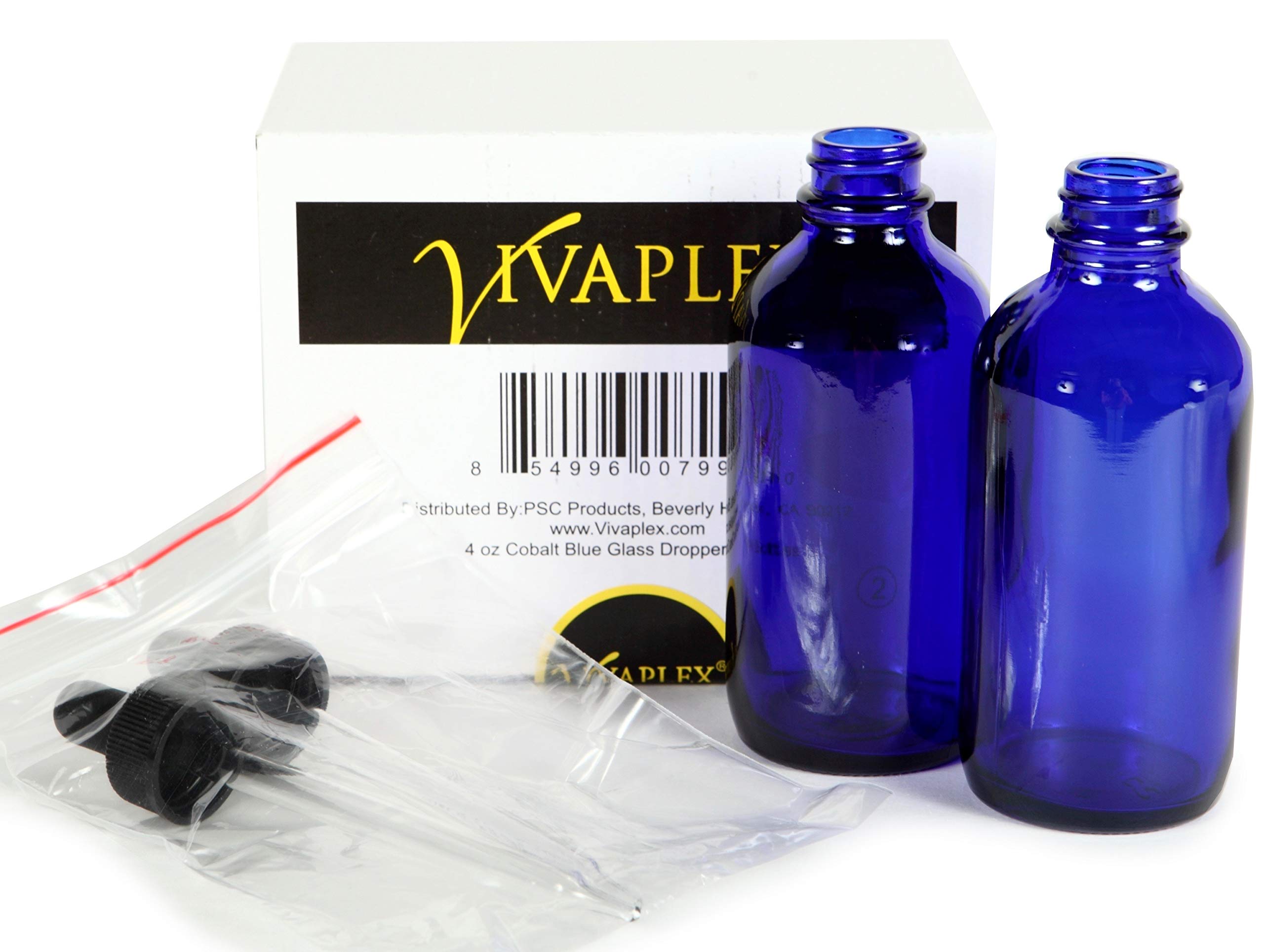 Vivaplex, Cobalt Blue, 4 oz Glass Bottles, with Glass Eye Droppers - 2 pack