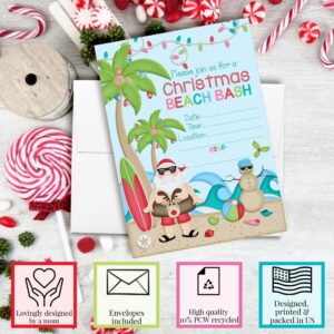 Christmas Invitations with Envelopes – Christmas Beach Bash Holiday Party, 20 Pack 5x7 Double Sided Fill-In Invite Cards with Twenty White Envelopes Perfect for Christmas Birthday Parties