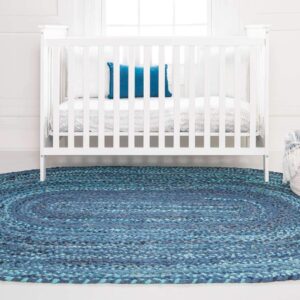 Unique Loom Braided Chindi Collection Area Rug - Layer (3' 3" x 5' 1" Oval, Blue/ Navy Blue)