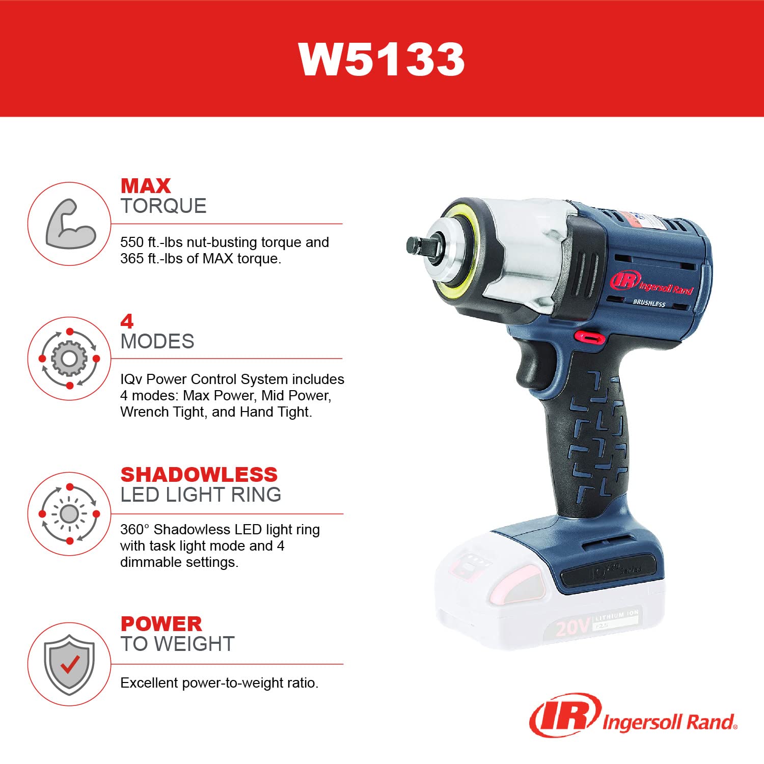 Ingersoll Rand W5133 3/8" 20V Cordless Impact Wrench, 550 ft-lb Torque, Friction Ring Retainer, Pistol, Bare Tool