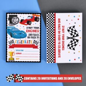 WERNNSAI 20 Count Racing Car Party Invitation with Envelopes - Race Car Party Supplies for Boys Birthday Baby Shower Graduation Fill-in Style Racing Invite Cards