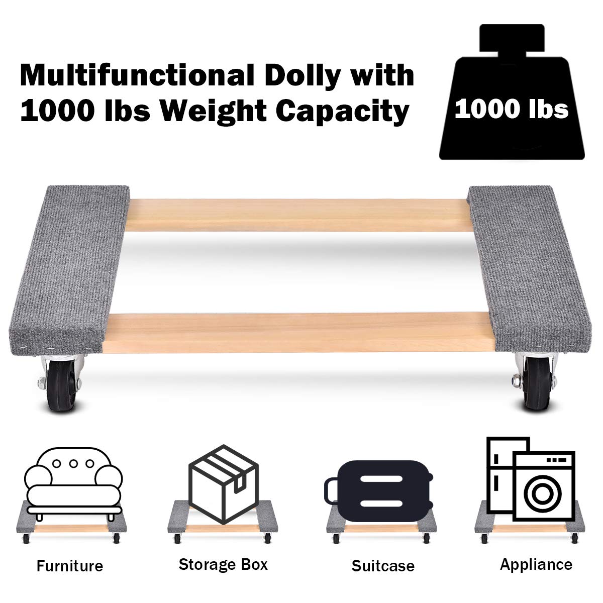 Goplus Furniture Moving Dolly, Heavy Duty Wood Rolling Mover with Wheels for Piano Couch Fridge Heavy Items, Securely Holds 1000 LBS (2 Packs)